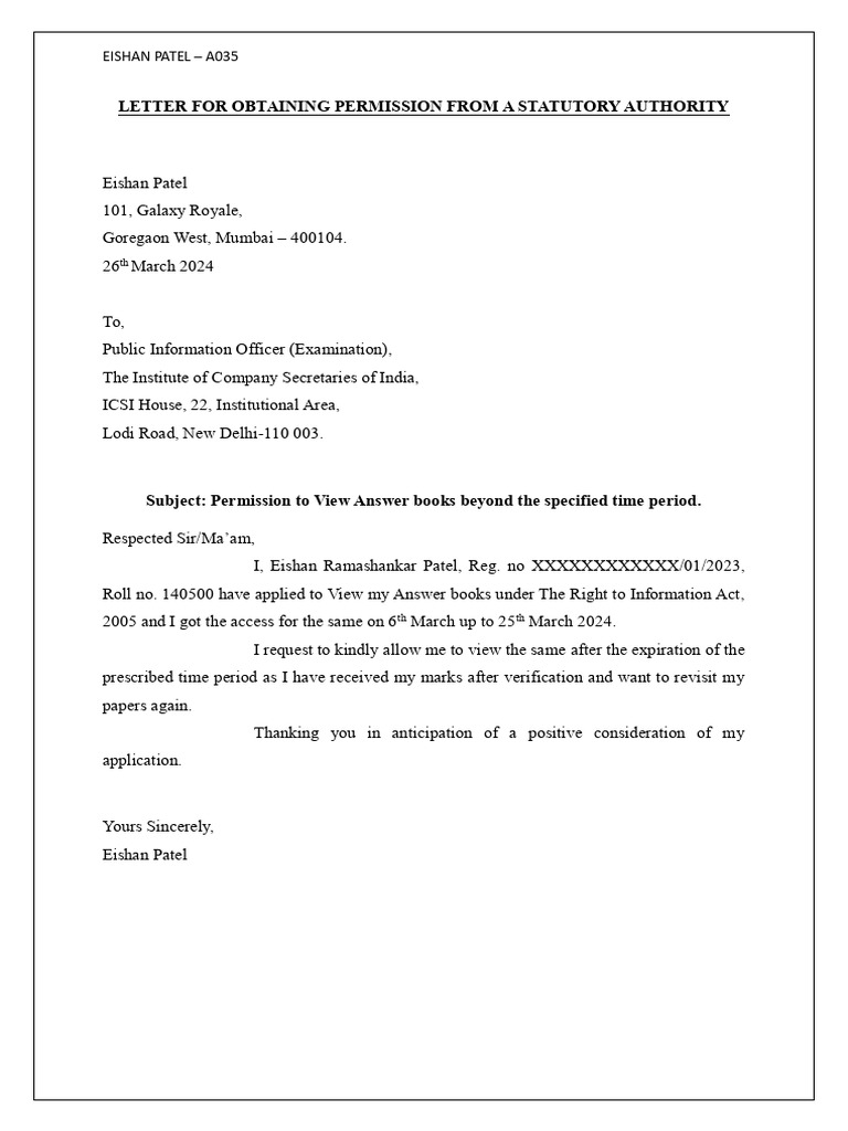 DPC 1 - Letter For Obtaining Permission From A Statutory Authority | PDF | Lease | Natural ...