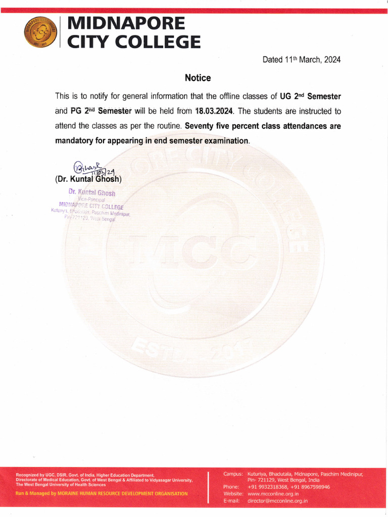 Midnapore College UG/PG Classes Notice | PDF