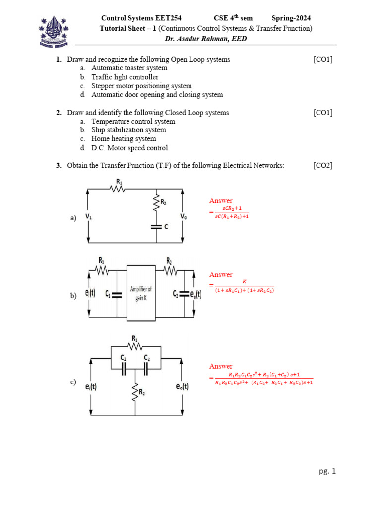 Tutorial Sheet - 1 (Continuous Control Systems & Transfer Function ...