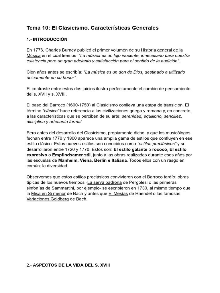 Tema 10 (BM) - El Clasicismo. Características Grales | PDF | Orquestas | Periodo Clásico (Música)