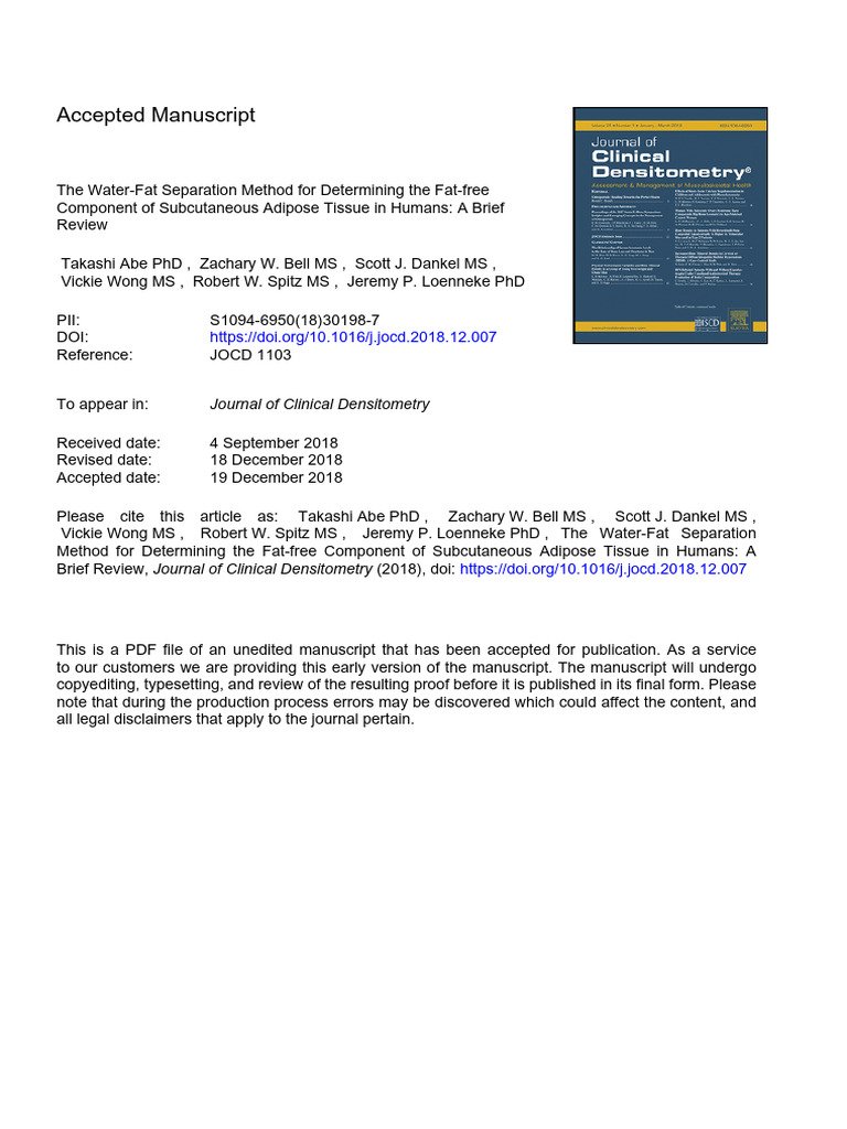 Accepted Manuscript: Journal of Clinical Densitometry | PDF | Adipose Tissue | Magnetic ...