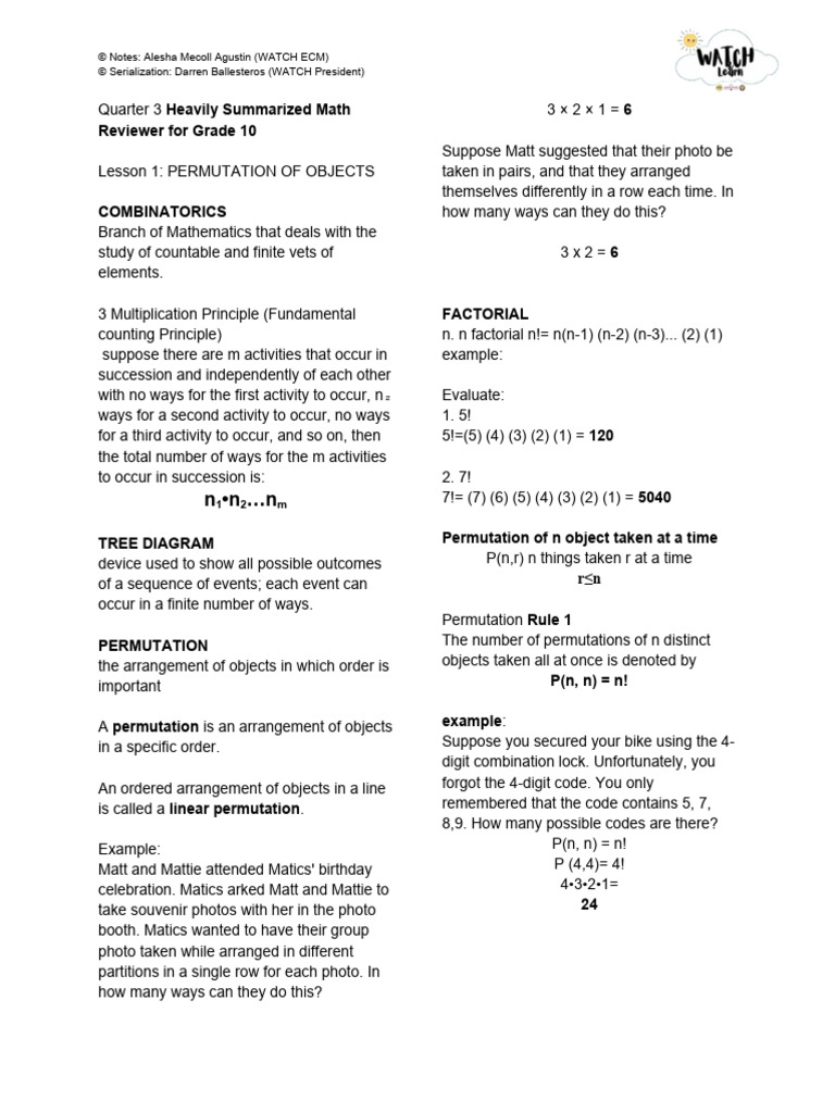 MATHEMATICS 10 QUARTER 3 - WATCH N Learn by DMBallesteros and AMAgustin | PDF | Permutation ...