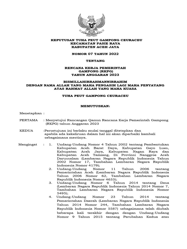 Keputusan Tuha Peut Stok Gampong RKPG 2022 | PDF