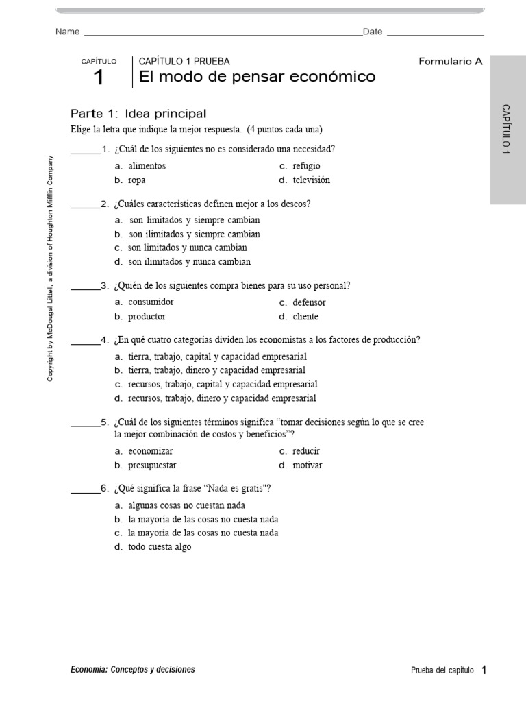 110 Span Chapter Test A | PDF | Macroeconómica | Microeconomía