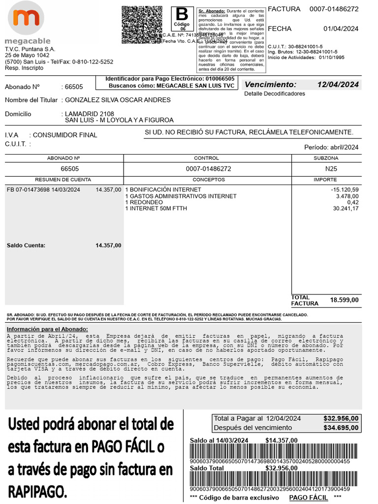 Factura Electrónica Megacable 2024 | PDF | Tarjeta de débito ...