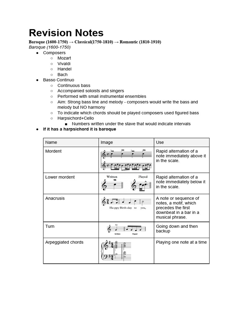 Revision Notes | PDF | Classical Period (Music) | Baroque Music