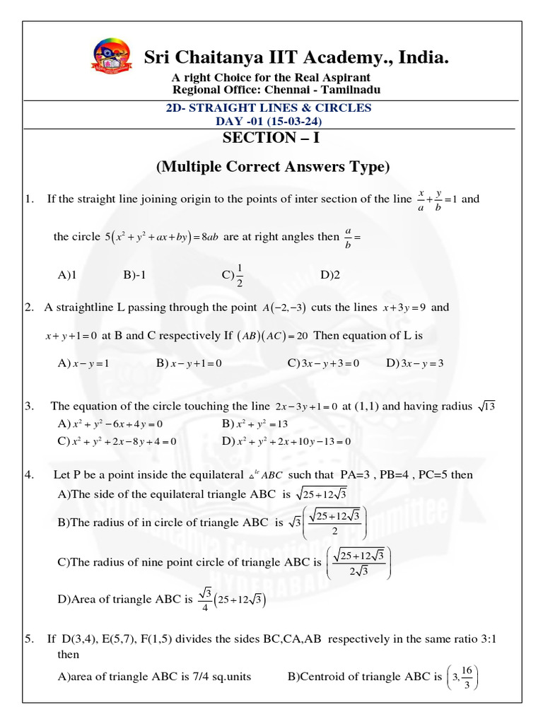 2D - Straight Lines & Circles (Day - 01 (15-03-24) | PDF | Circle ...