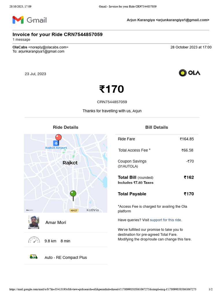 Gmail - Invoice For Your Ride CRN7544857059 | PDF | Payments