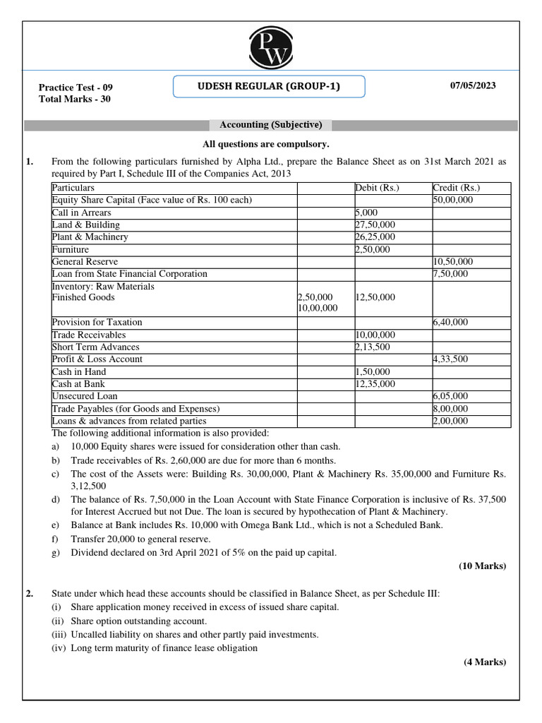 027 Practice Test 09 Accounting Test Solution Subjective Udesh Regular ...
