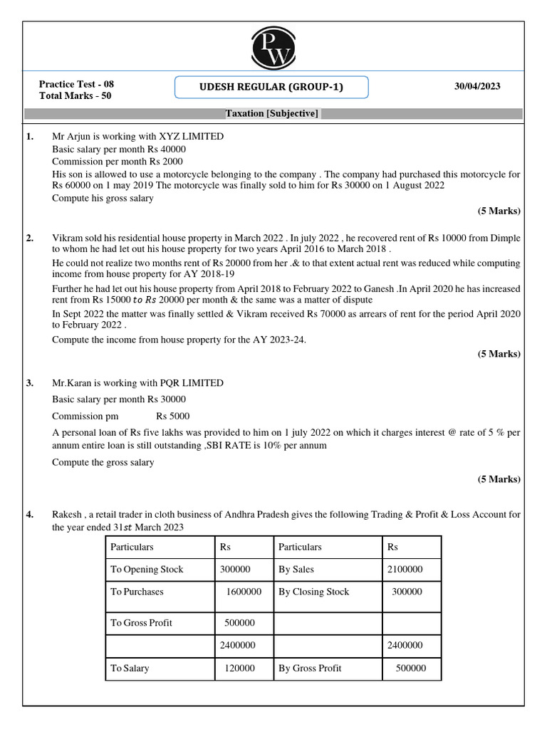 029 Practice Test 08 Taxation Test Solution Subjective Udesh Regular ...