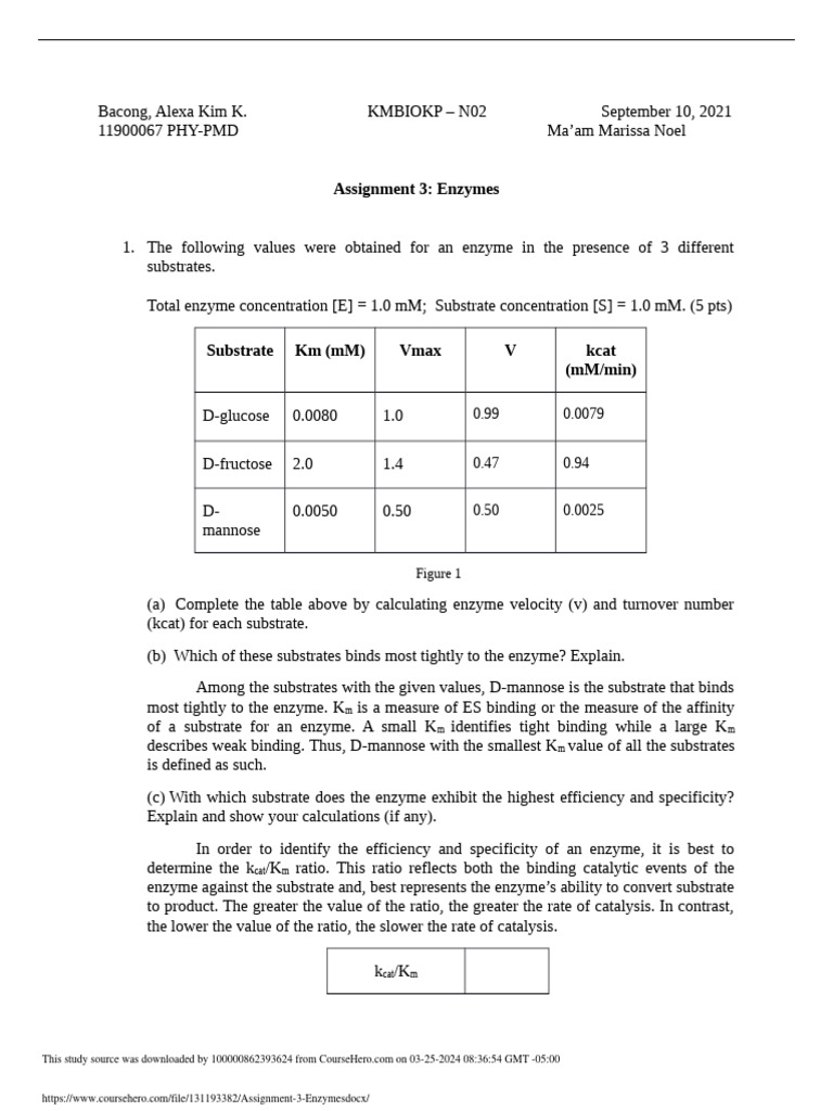 Assignment 3 Enzymes | PDF | Enzyme Kinetics | Biomolecules