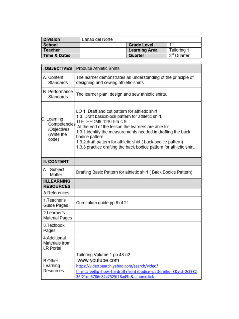 DLP Grade 11 Back Pattern Tailoring | PDF | Learning | Curriculum