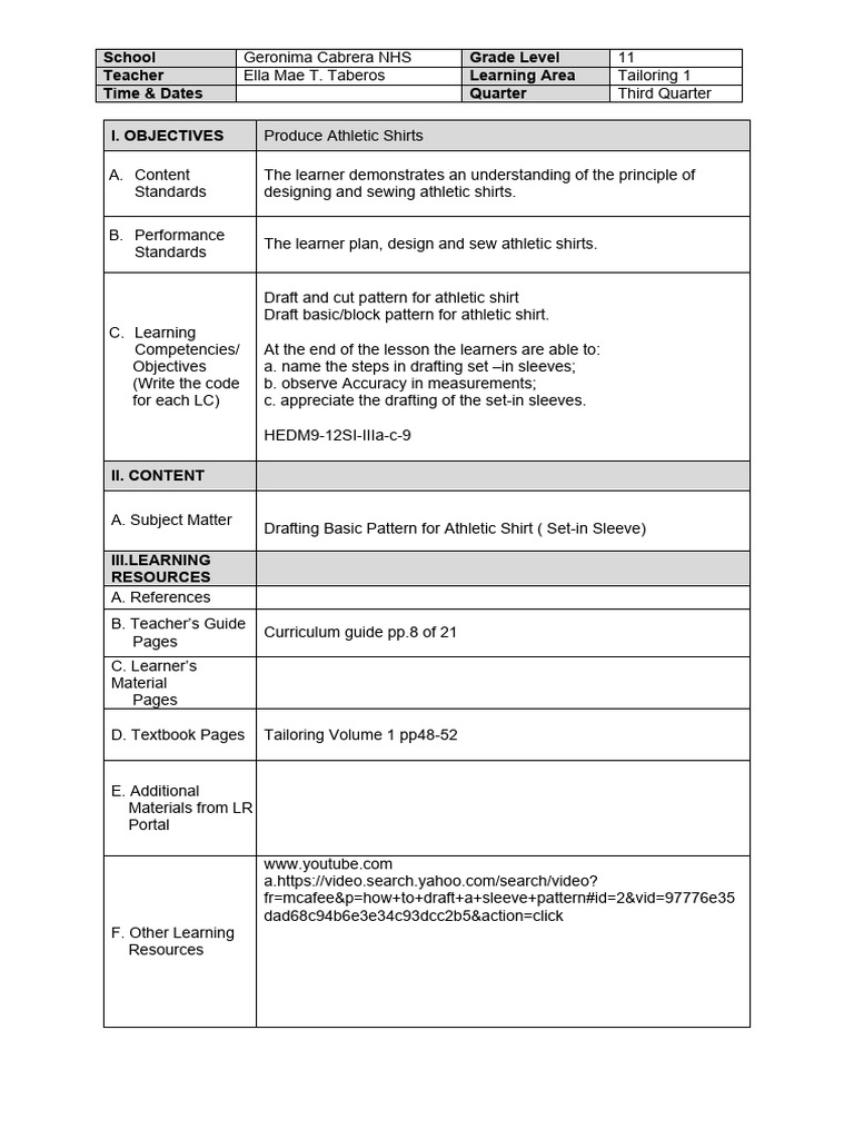 dlp grade 11 set-in sleeve | PDF | Behavior Modification | Cognition
