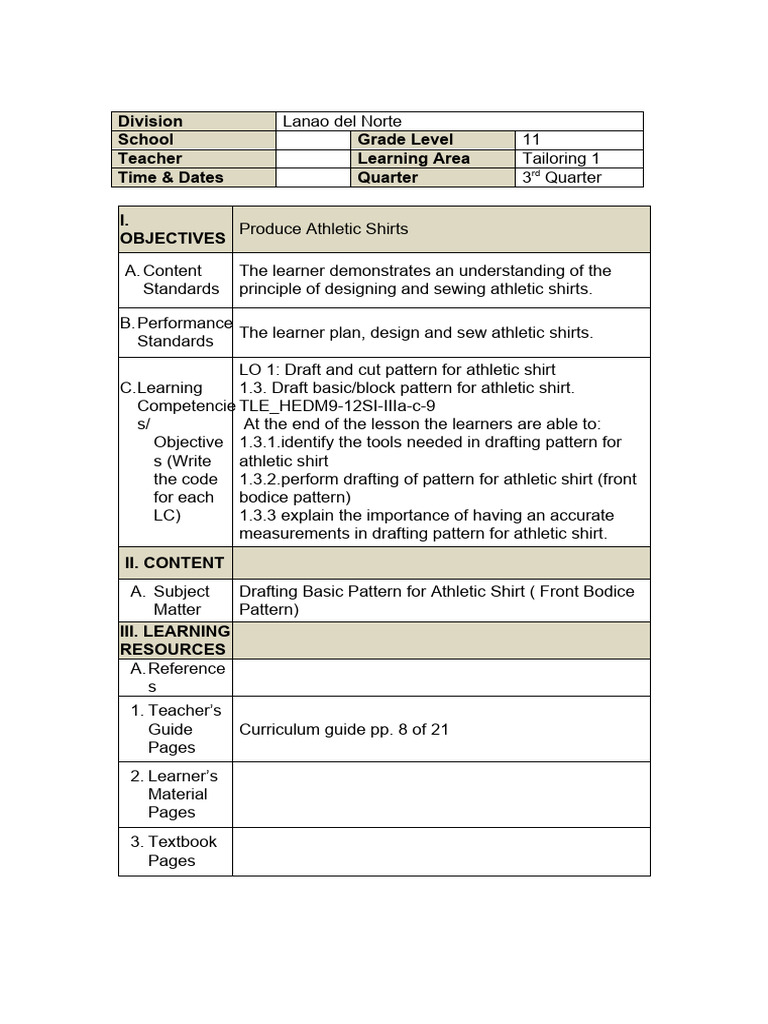 DLP Grade 11 Front Pattern Tailoring | Download Free PDF | Learning | Sewing