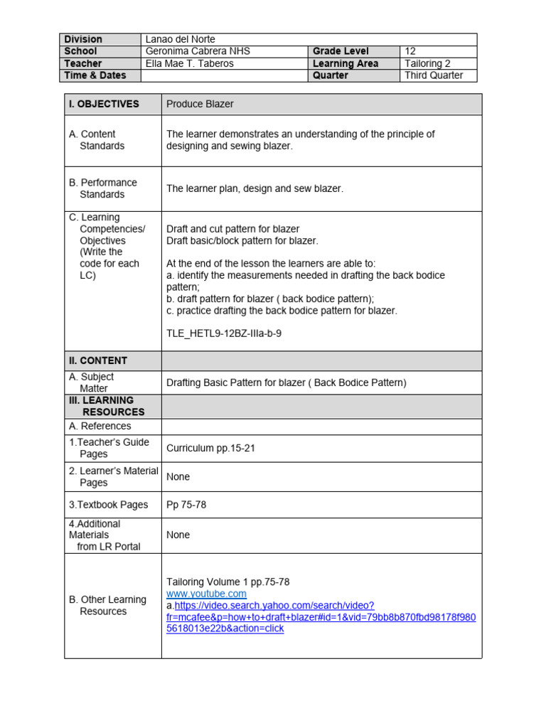 DLP Grade 12 Back Pattern - Edited | PDF | Learning | Cognition