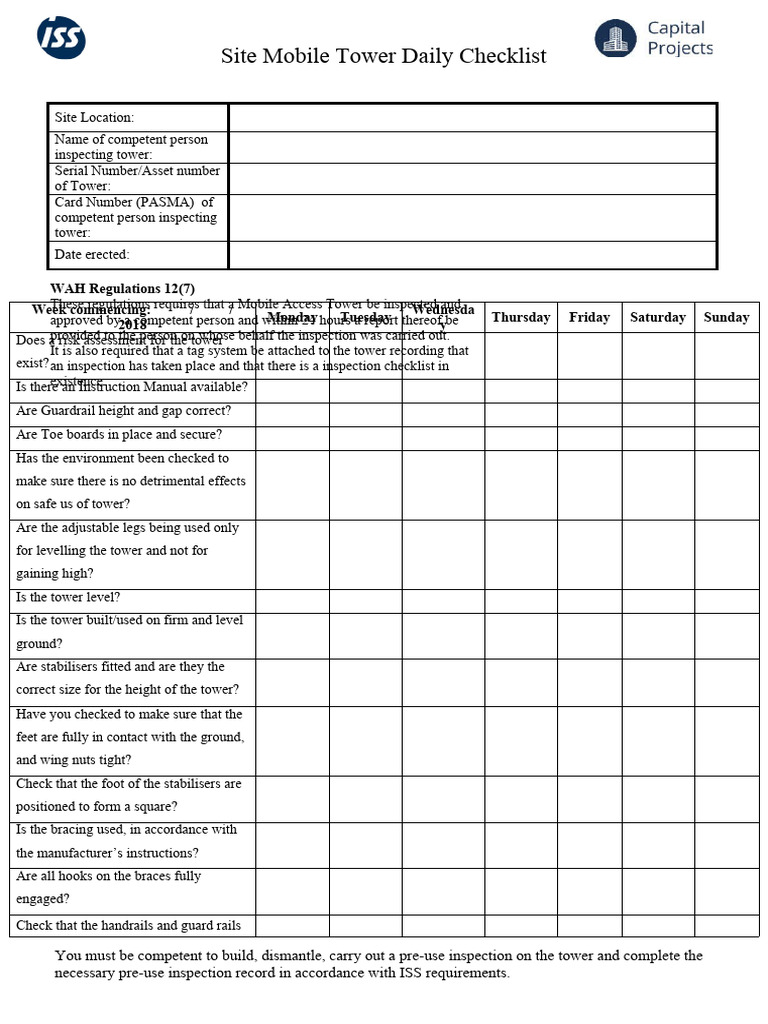 ISS-1001-TMP-00018 Site Mobile Tower Daily Checklist | PDF | Safety