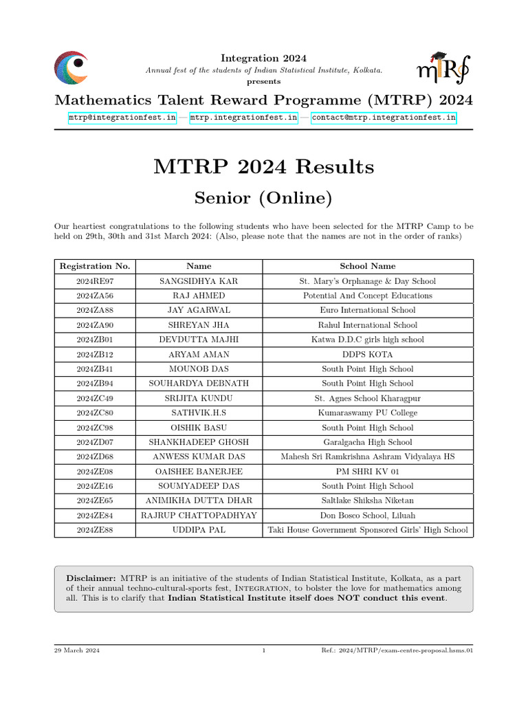MTRP 2024 Results (Senior Online) | PDF