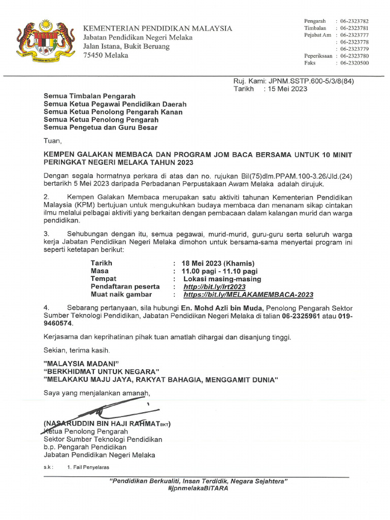 Surat Program Jom Baca 10 Minit 2023 | PDF