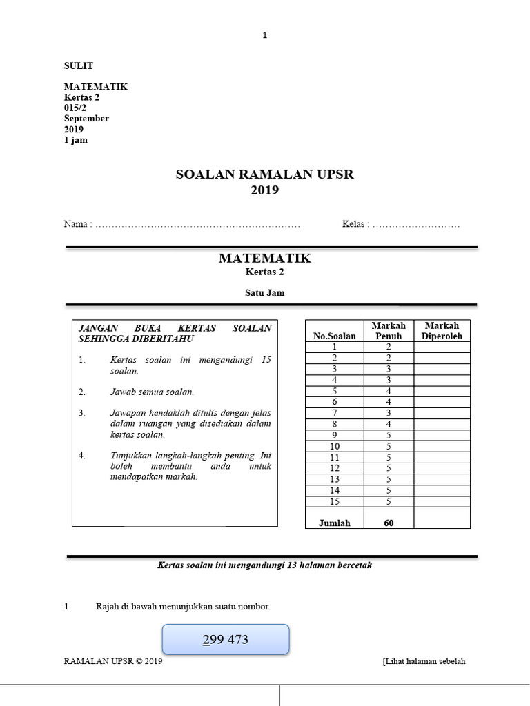 Soalan Ramalan UPSR 2019 - MT T6 K2 | PDF