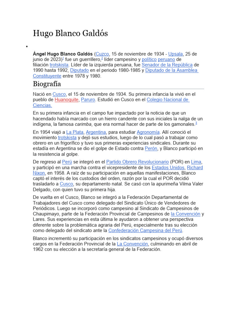 Hugo Blanco, El Revolucionario Campesino Del Peru | PDF