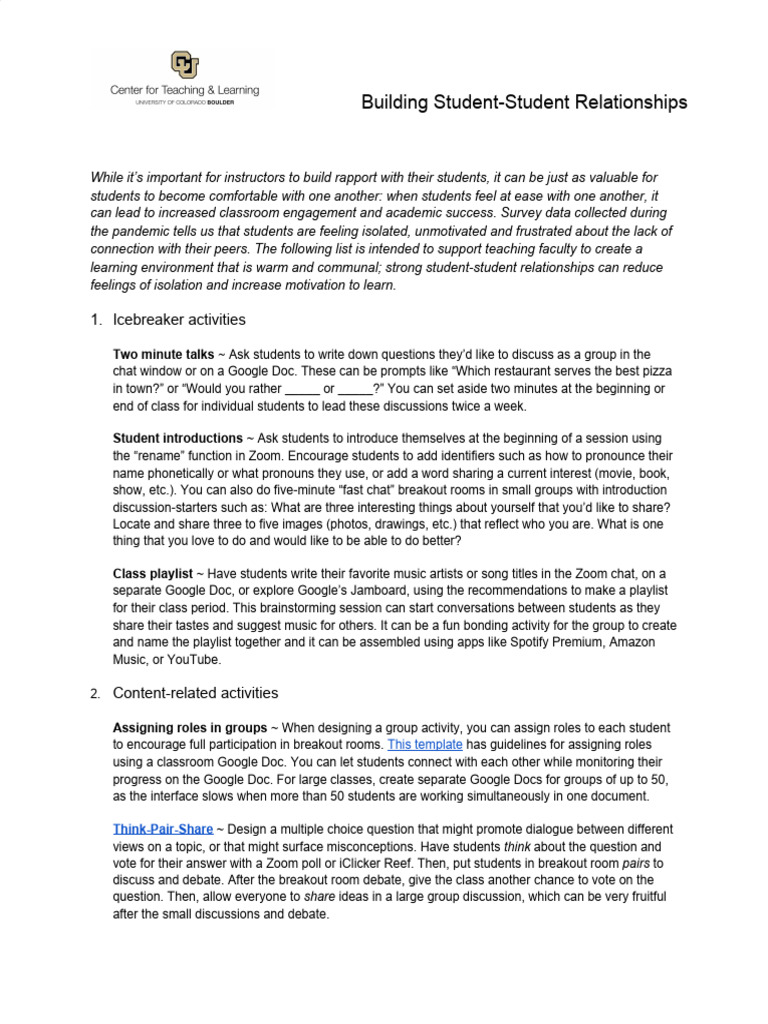 Building Student-Student Relationships - A CTL Guide | PDF | Human Communication | Behavior ...