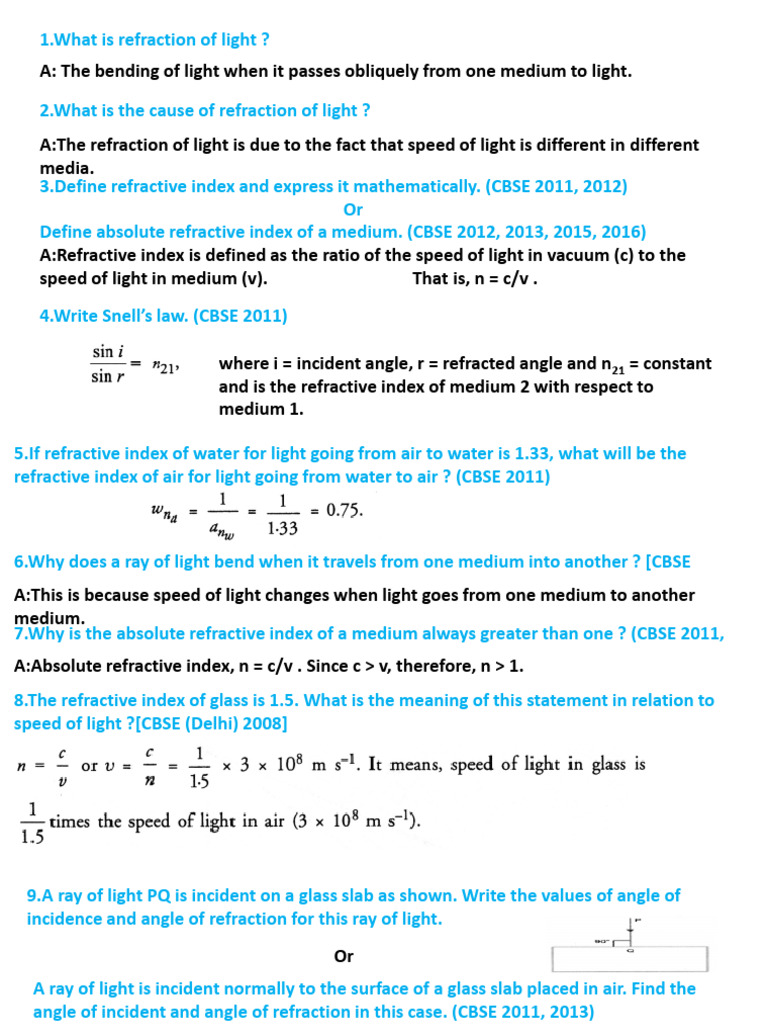 Refraction Important Question Answers PDF | PDF | Electrodynamics | Atomic