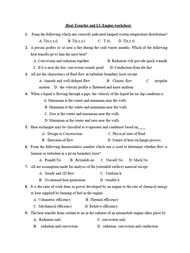 Heat Transfer and IC Engine Worksheet | PDF | Heat Transfer | Fluid ...