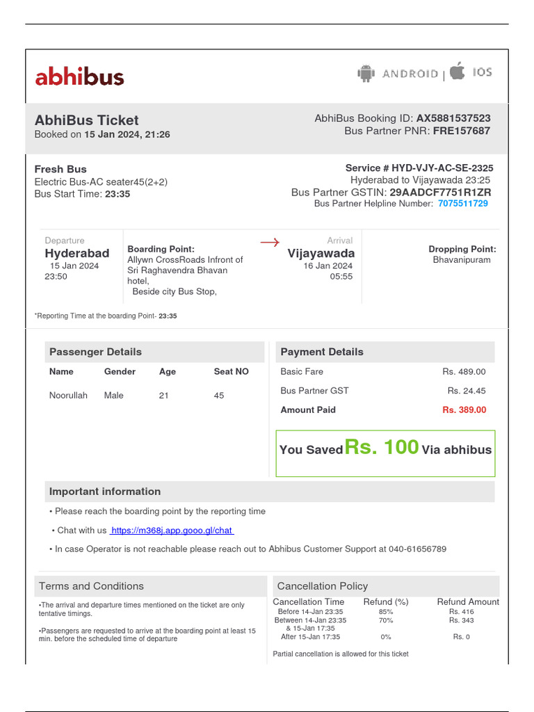 AbhiBus Ticket Booking Details | PDF | Fare | Banking Technology