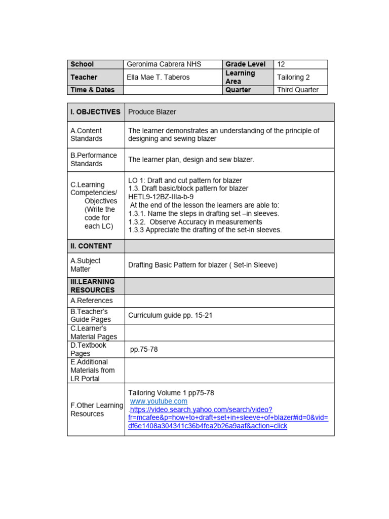 DLP Grade 12 Set-In Sleeve | PDF | Behavior Modification | Cognition