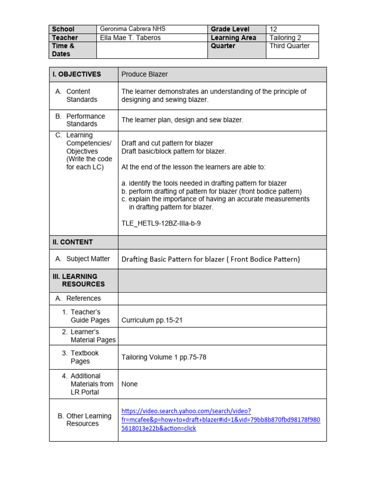 DLP Grade 12 Front Pattern | PDF | Sewing | Learning