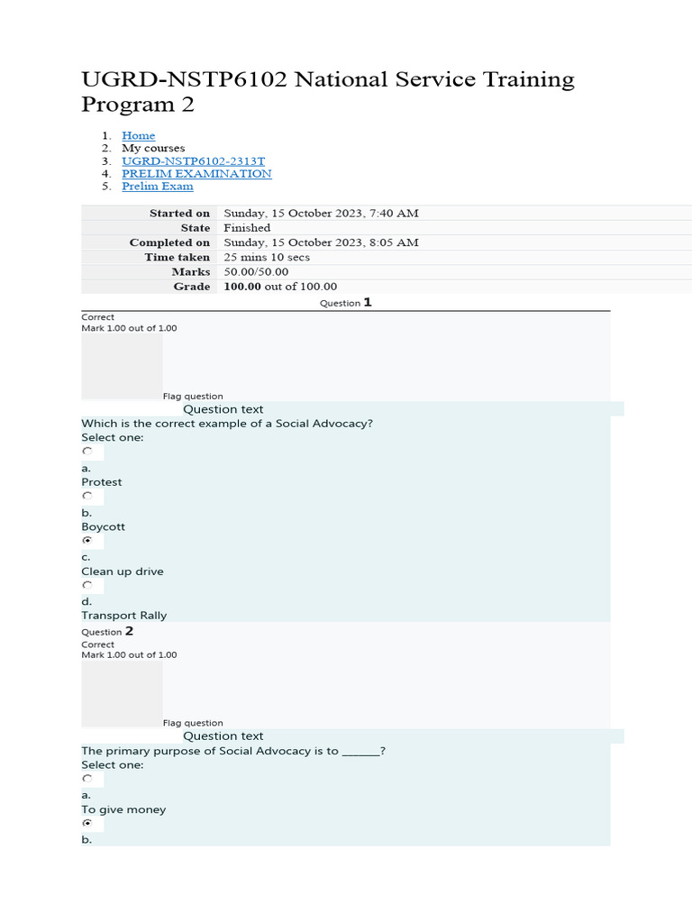 National Servive Training Program 2 Prelim Answer | PDF