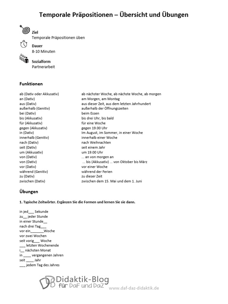 Temporale Präpositionen Übersicht Und Übungen 2 | PDF