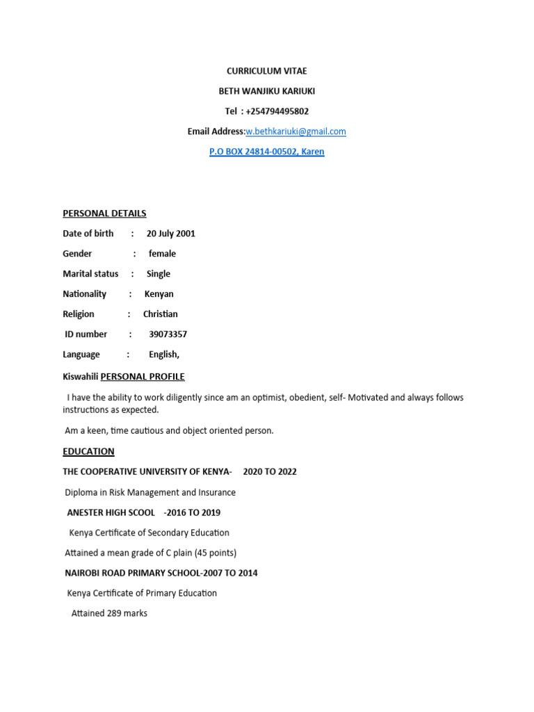 Beth Curriculum Vitae 1 | PDF | Kenya