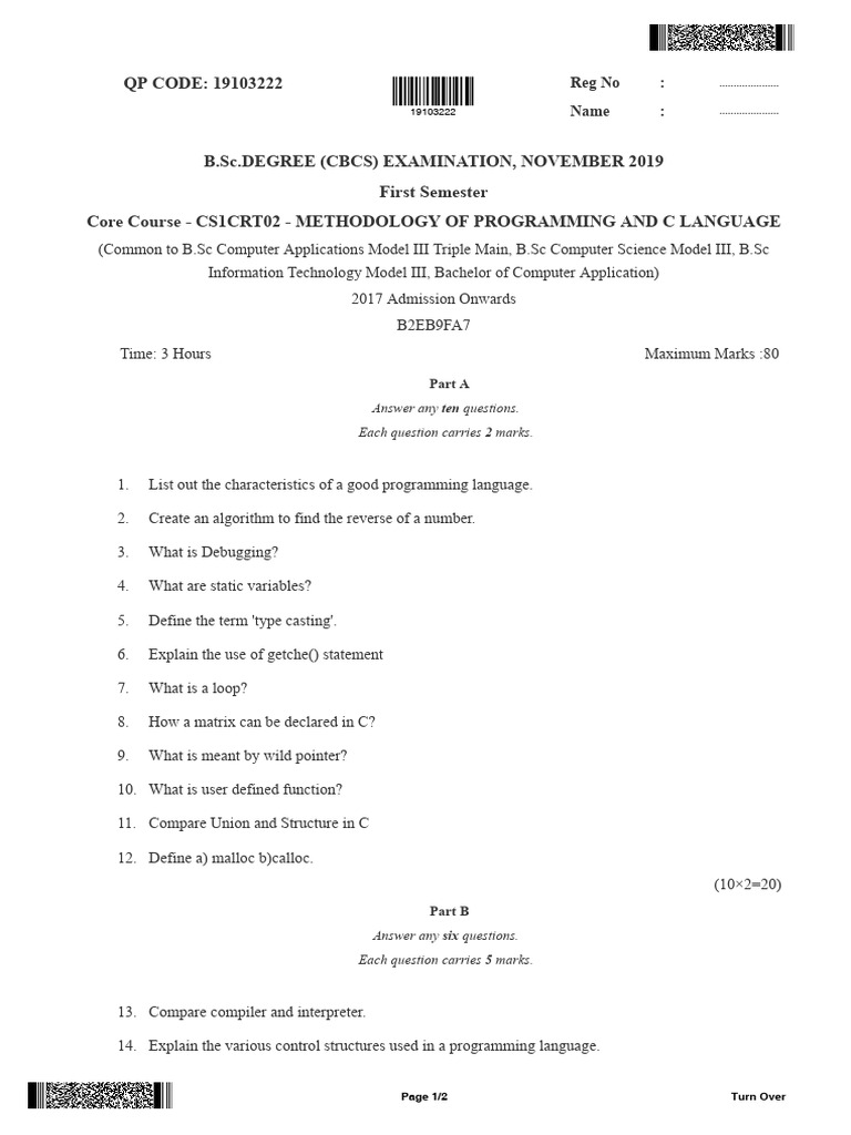 Bca1mpcl 2019 Nov Methodology Of Programming And C Language Pdf Computer Program Programming