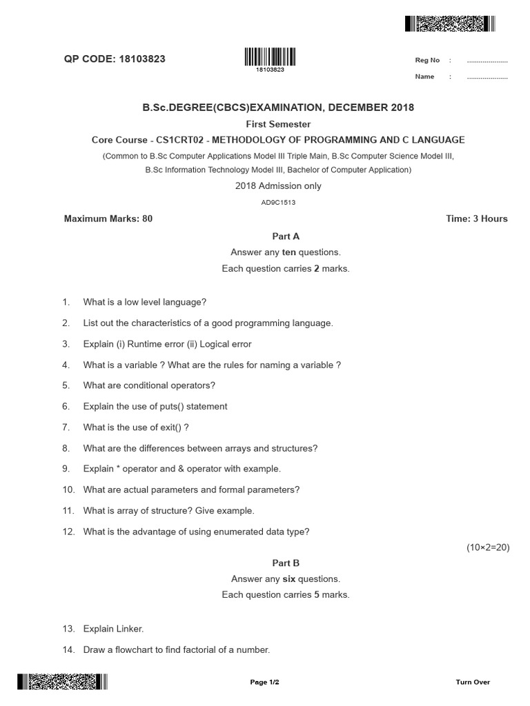 Bca1mpcl 2018 Dec Methodology of Programming and C Language | PDF | C ...