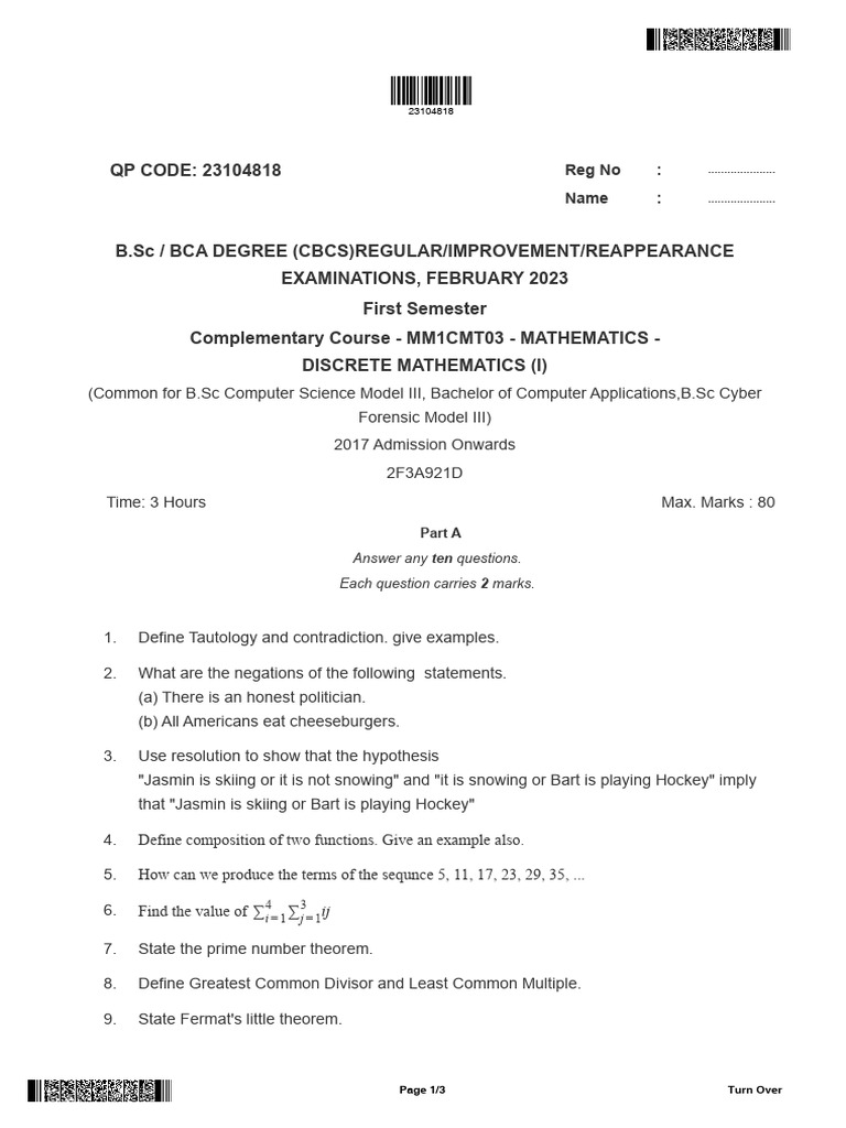 Bca1mat 2023 Feb Discrete Mathematics | PDF | Function (Mathematics) | Integer