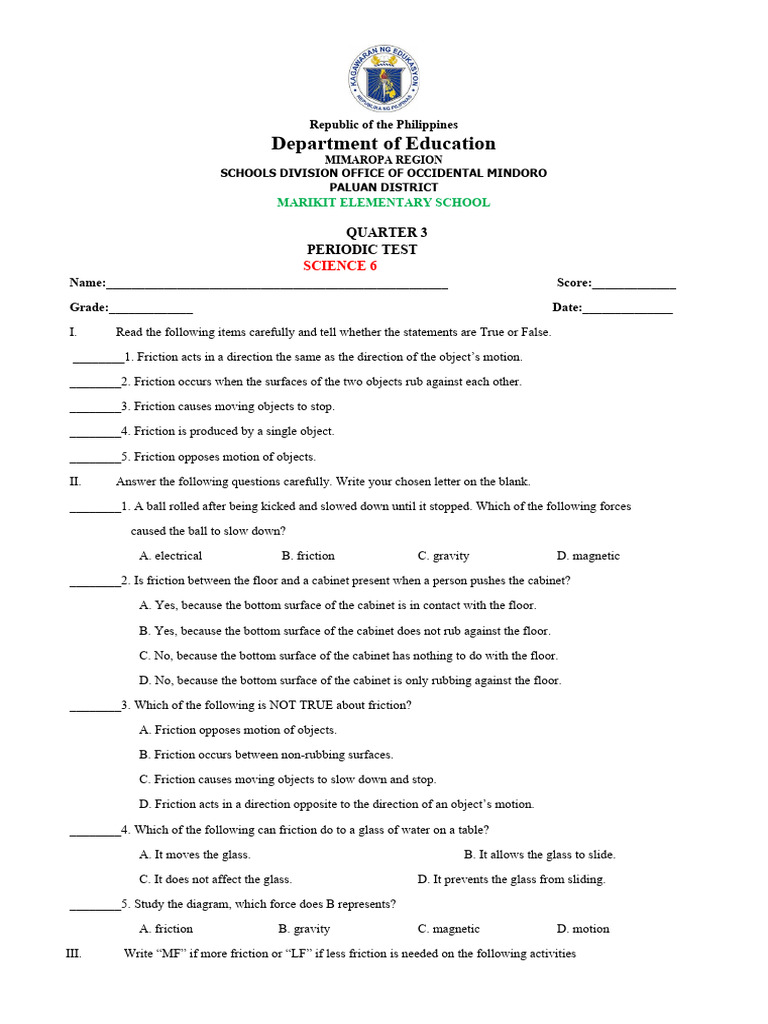 Q3 PT Science G6 | PDF | Friction | Gravity