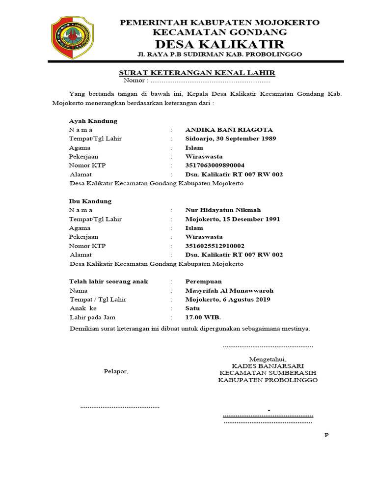 Surat Keterangan Kenal Lahir | PDF