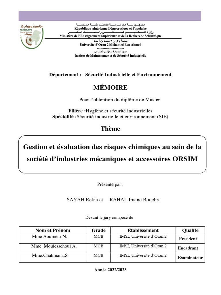 Memoire Finale 2 | PDF | Chimie | Sécurité
