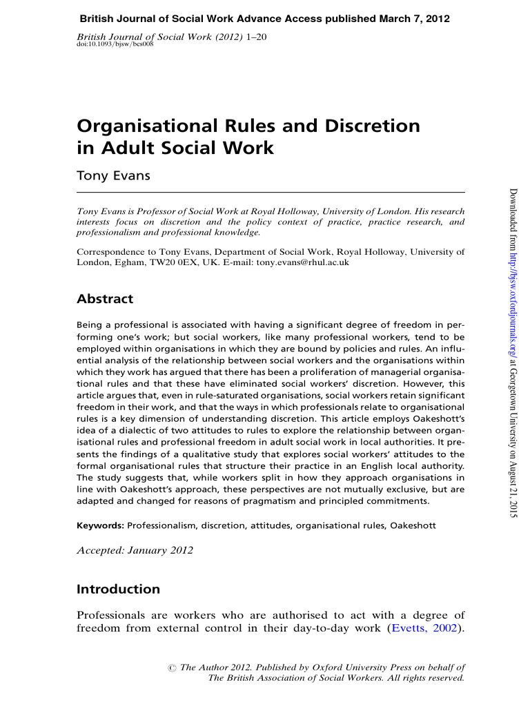 Evans 2013 - Organisational Rules and Discretion in Adult Social Work | PDF | Social Work | Rule ...