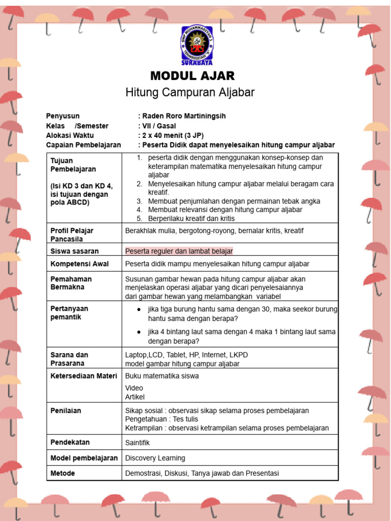 Modul Ajar Matematika - Modul Ajar Hitung Campuran Aljabar - Fase D | PDF