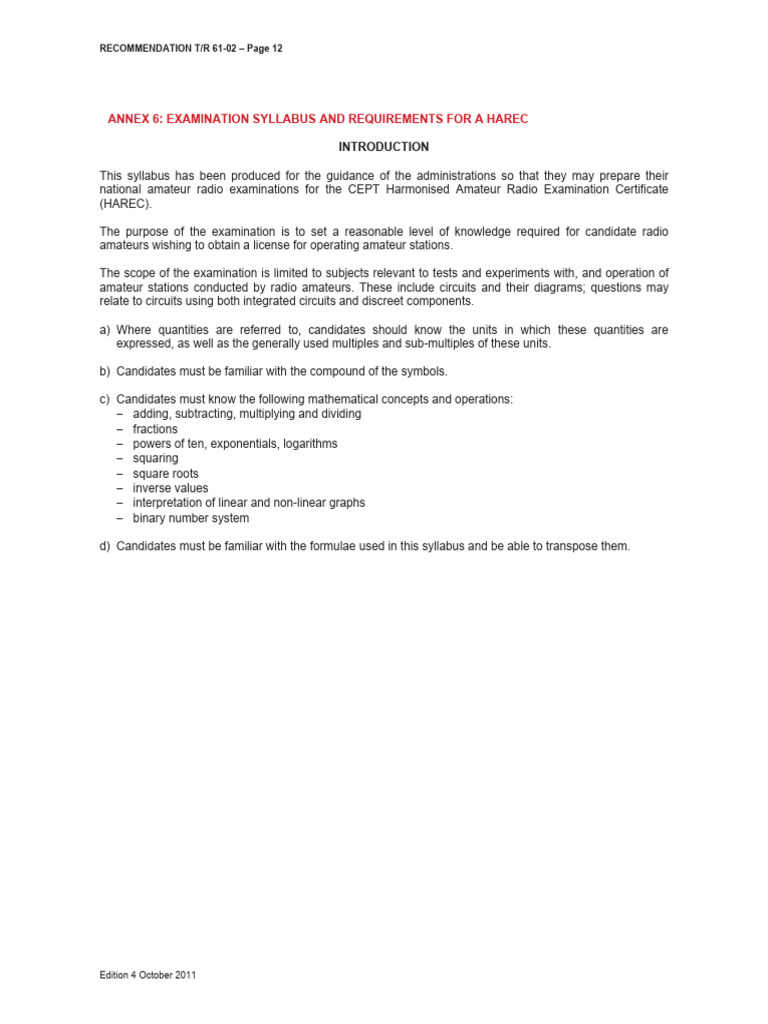 The HAREC Syllabus CEPT T R 61 02 Annex 6 Class A Only | PDF | Detector ...