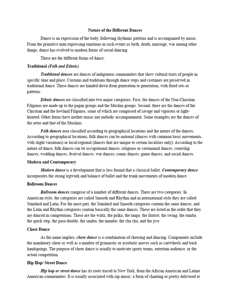Nature of The Different Dances M1 | PDF | Dances | Ballroom Dance