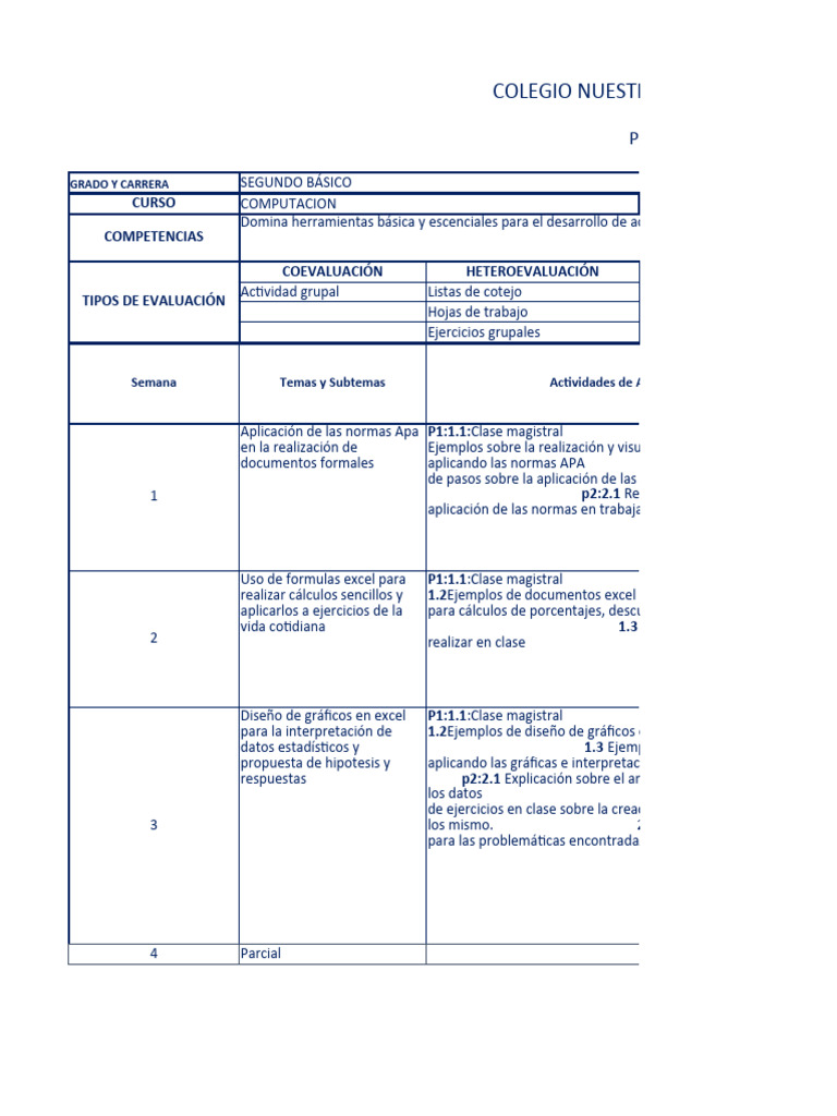 Planificación - Computación - Segundo - Básico | PDF | Microsoft Excel | Cognición