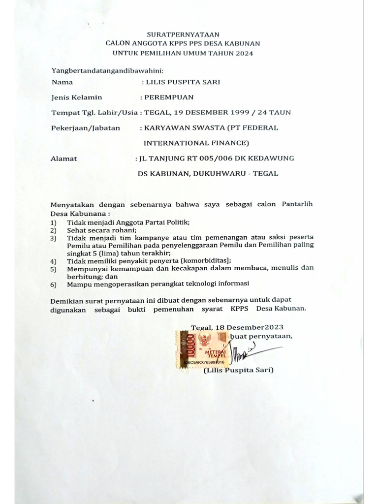 Surat Pernyataan 2 - Lilis Puspita Sari - TPS 19 | PDF