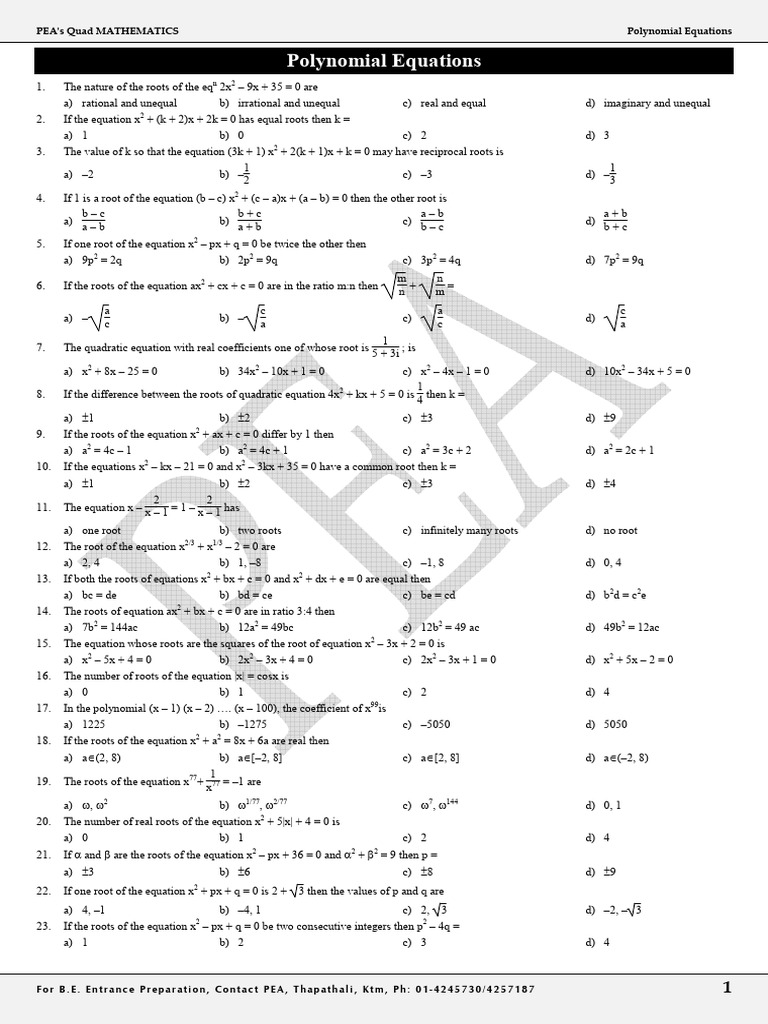 Pea'S Quad Mathematics Polynomial Equations | PDF | Zero Of A Function | Equations