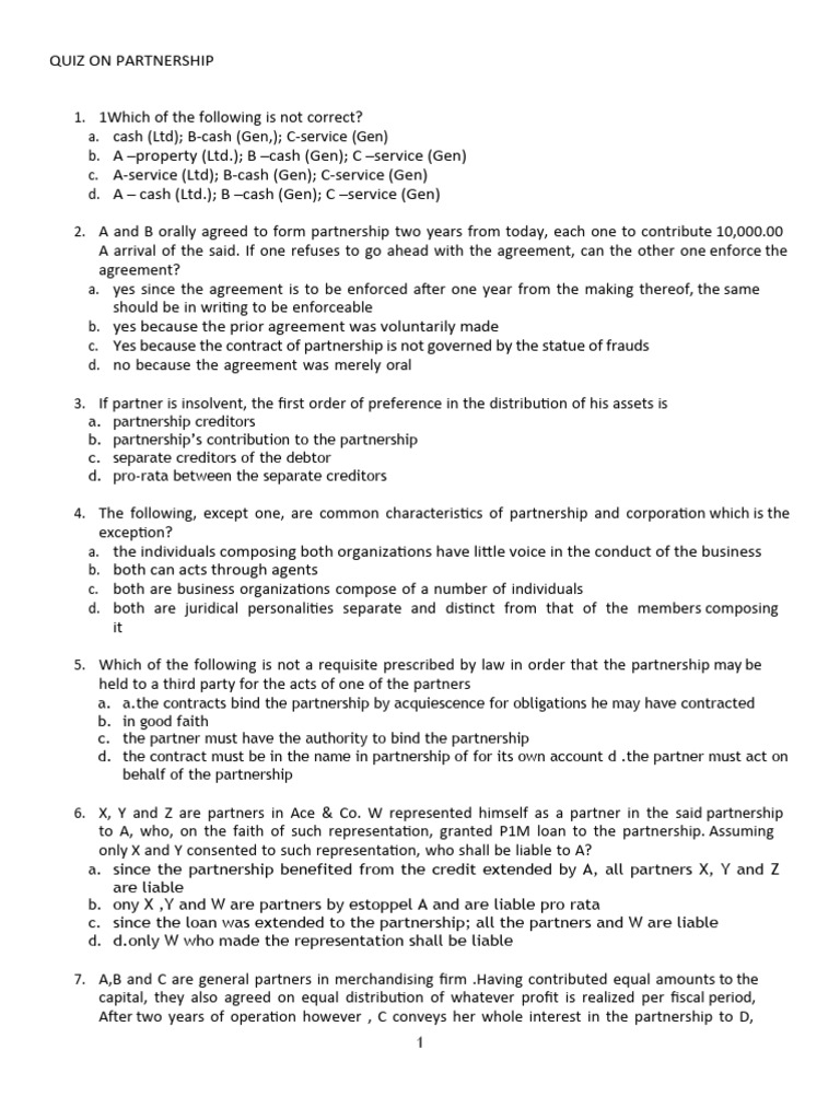 Quiz On Partnership | PDF | Partnership | Limited Partnership