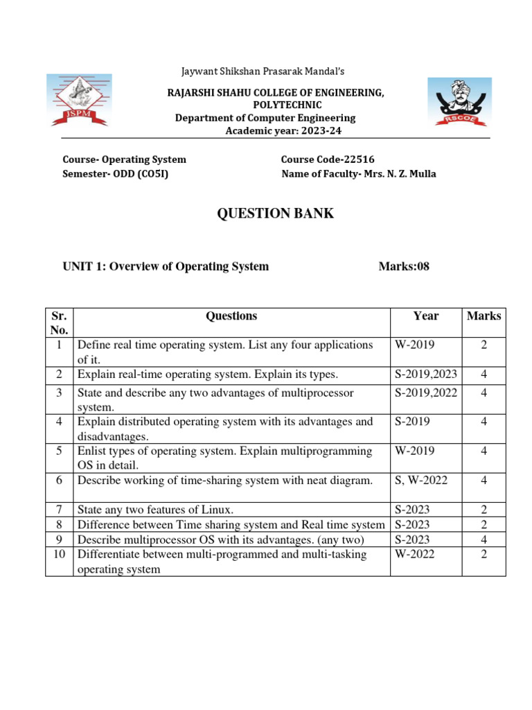 OSY Unit Wise QBank | PDF | Scheduling (Computing) | Operating System