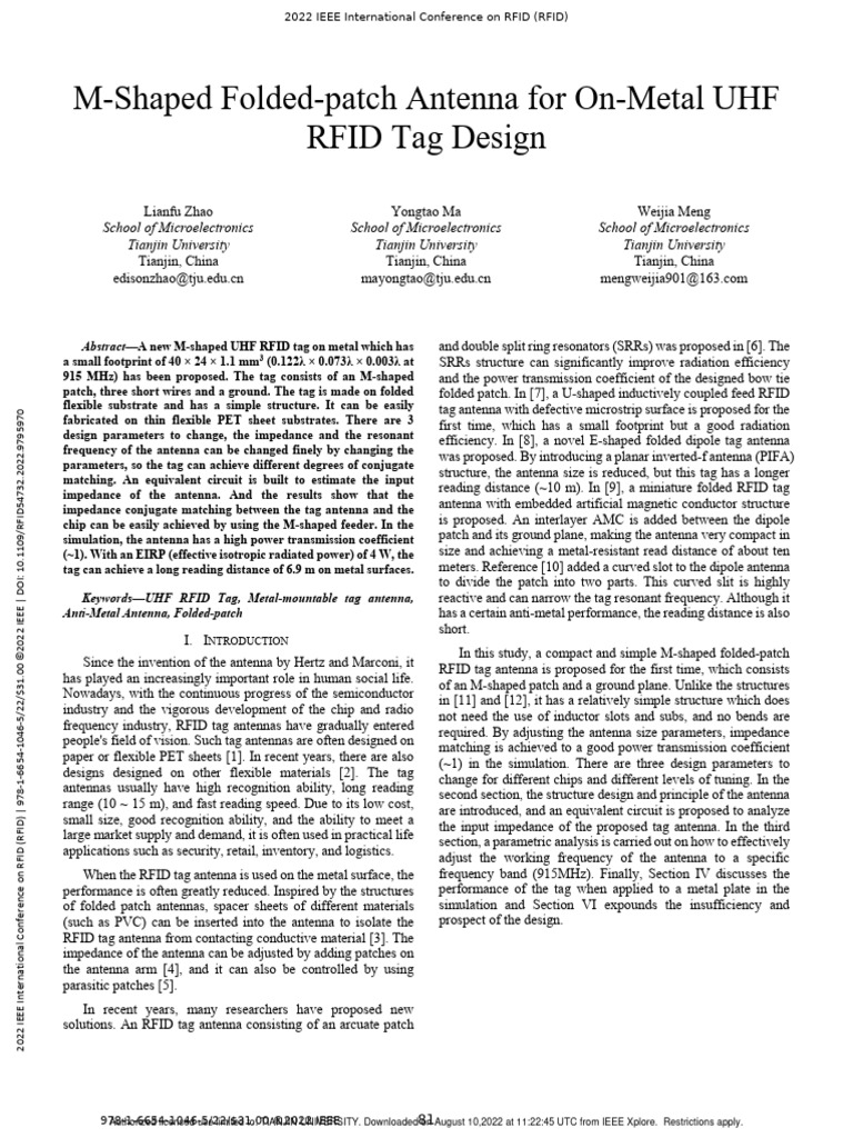 M-Shaped Folded-Patch Antenna For On-Metal UHF RFID Tag Design | PDF ...