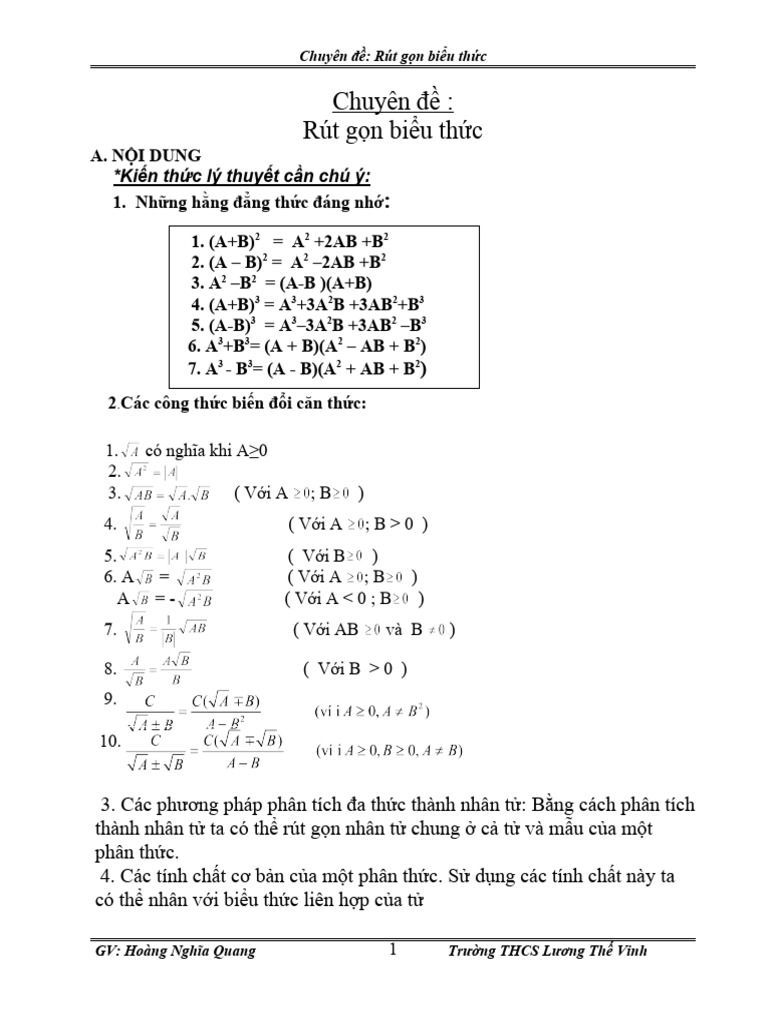 Chuyen de Rut Gon Bieu Thuc Toan 9 | PDF